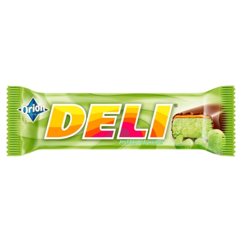 ORION DELI tyčinka s pistáciovou příchutí a karamelem máčená v hořké ...